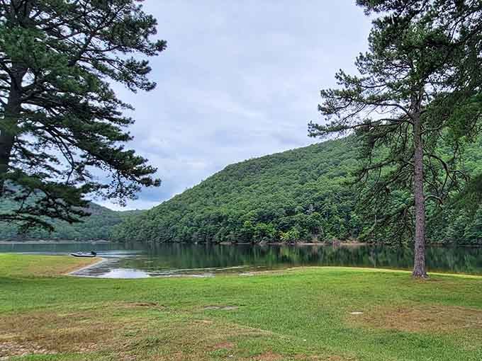 Pine trees frame this glassy lake like nature's own picture frame, peaceful as a Sunday morning.