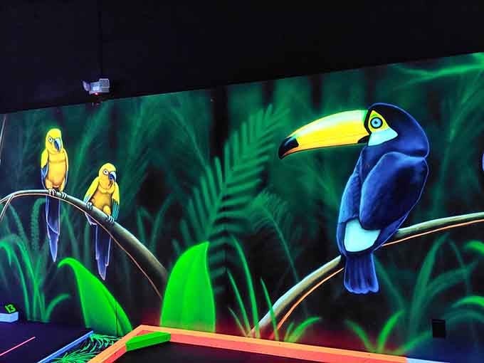 Toucans and parrots perch in luminous glory, their beaks and feathers radiating colors that nature never quite intended.