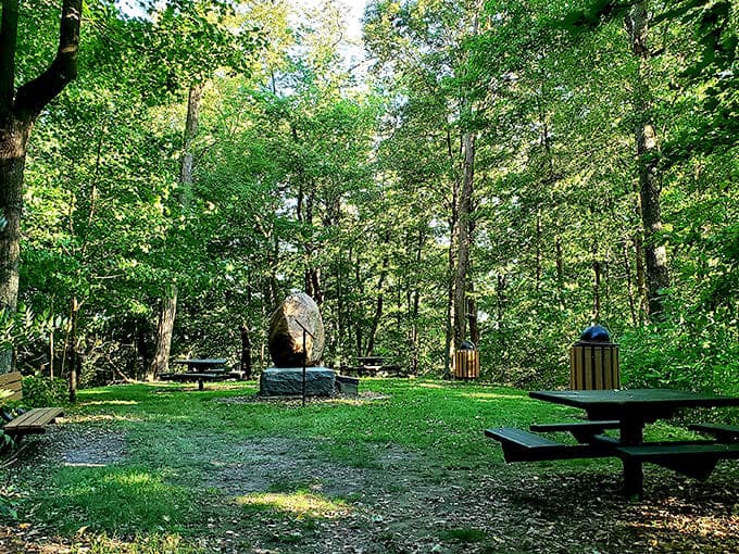 Shaded picnic tables tucked into the trees offer the perfect spot to enjoy lunch while pretending you're camping without the tent.