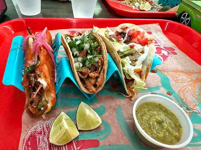 These tacos come with lime wedges and salsa verde, ready to transport you south of the border.