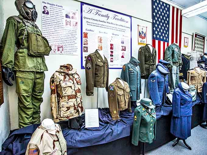 History buffs will appreciate this military uniform display that honors local veterans&mdash;a poignant reminder of Greeneville's contributions to American freedom.