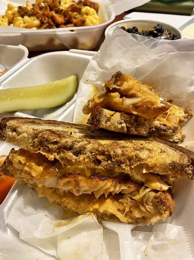 That's not just a sandwich&mdash;it's edible architecture. Layers of fish and melted cheese between perfectly grilled bread create the kind of lunch you'll dream about later.