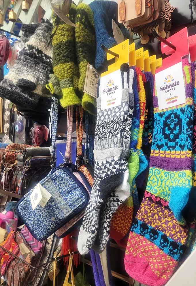 Handmade Solmate socks bring artisan craftsmanship and cozy comfort to this antique wonderland's eclectic offerings.
