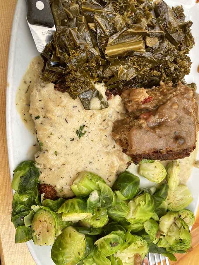 Meatloaf, greens, and Brussels sprouts prove comfort food doesn't have to skip the vegetables entirely here.