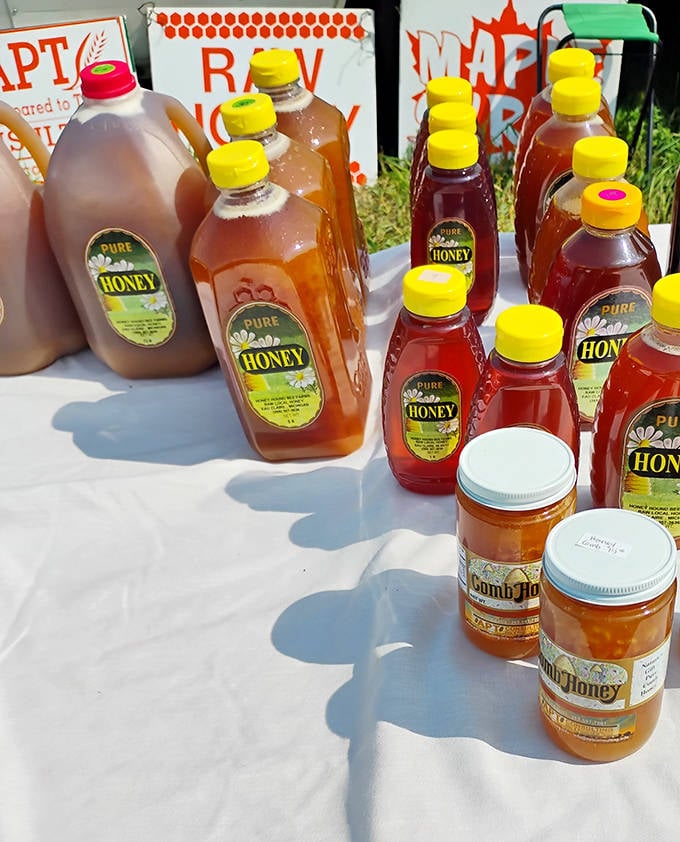 Liquid gold in plastic bottles. This locally-harvested honey comes in amber hues ranging from "morning sunshine" to "autumn sunset."