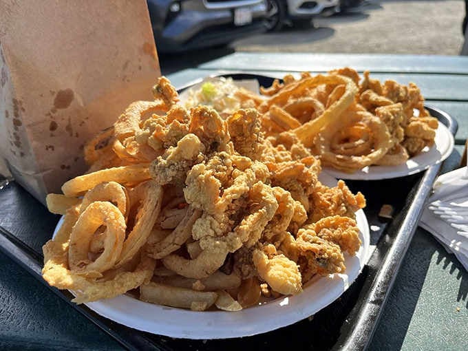 Golden fried clams piled high with onion rings and fries, because sometimes more really is more in life.
