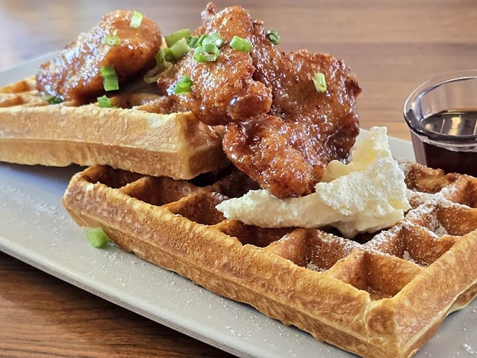 Golden waffles meet crispy chicken in a sweet-savory duet that'll make your taste buds stand up and applaud.