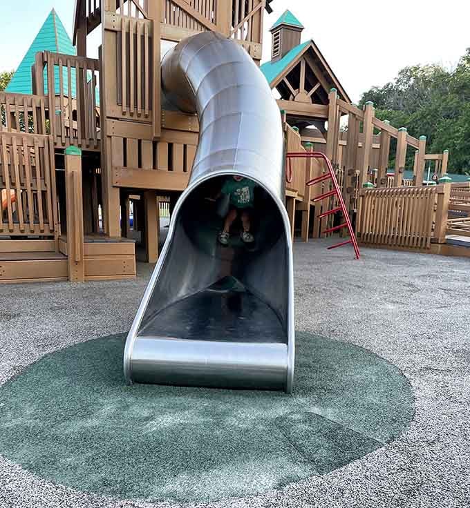 Shiny tube slides that look like they belong in a theme park, not your average neighborhood playground.