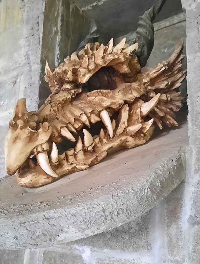 Nothing says "authentic castle experience" quite like a dragon skull reminding you that medieval times weren't all banquets and ballads.
