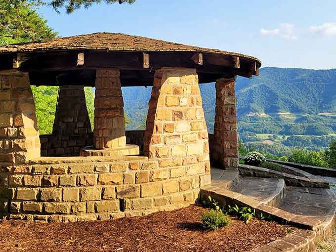 This stone gazebo offers front-row seats to mountain views that make you forget you ever owned a television or smartphone.