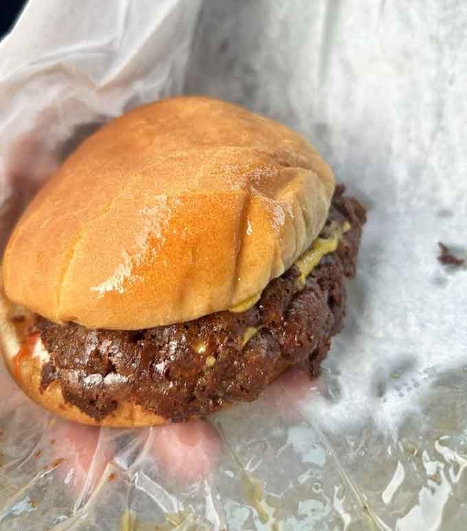 Look at that perfectly griddled patty with melted cheese oozing over the edges like a delicious lava flow.