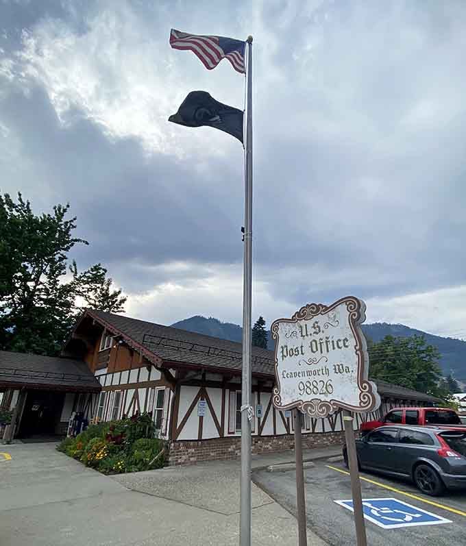 The post office maintains the Bavarian aesthetic, because apparently mail delivery is more fun with Alpine flair.