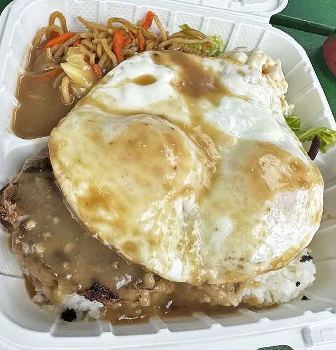Behold the loco moco in all its glory&mdash;a hamburger patty crowned with eggs and smothered in gravy. Breakfast, lunch, and dinner solved in one magnificent dish.