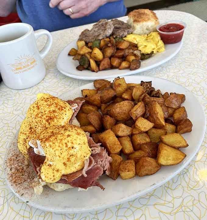 Eggs Benedict meets country breakfast in a plate so generous it could feed the cast of "The Waltons."