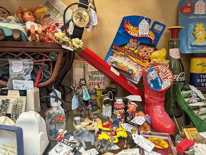 That red cowboy boot filled with vintage toys is either brilliant merchandising or someone's fever dream come to life, probably both.