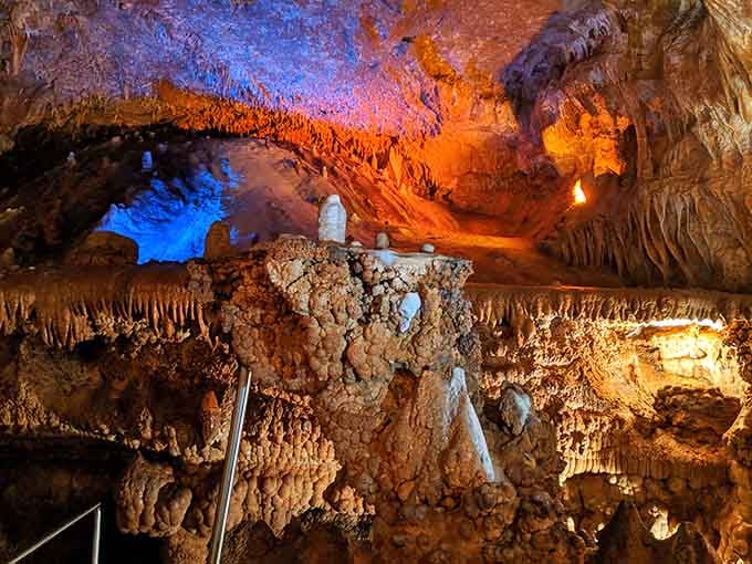 Those dramatic lighting colors transform ancient rock into something straight out of a 1980s album cover, but classier.