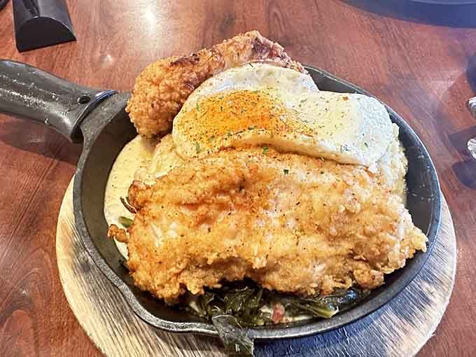 This golden, crispy fried chicken with eggs and greens proves Southern comfort food belongs in Maryland too.