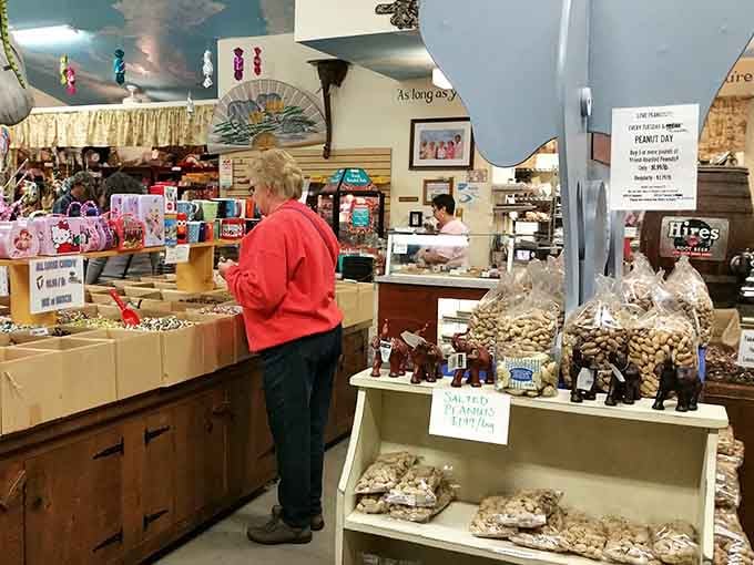 Shoppers browse wooden bins overflowing with nostalgic treats while elephant collectibles watch approvingly from every surface.