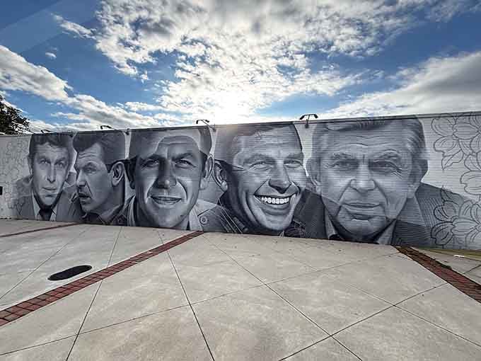 This mural celebrates the faces that made Mayberry famous, frozen in time on a downtown wall.