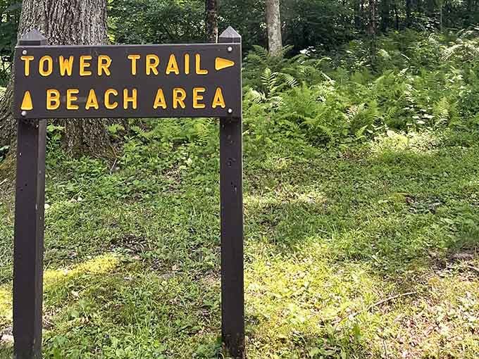 When the sign promises both a tower and a beach, you know you're in for a good day.