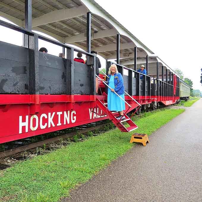 All aboard the open-air car! This rolling porch with a view offers the rare luxury of feeling the breeze while traveling through history.