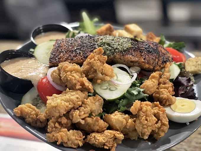 Crispy oysters meet fresh greens in a combination that shouldn't work but absolutely does.