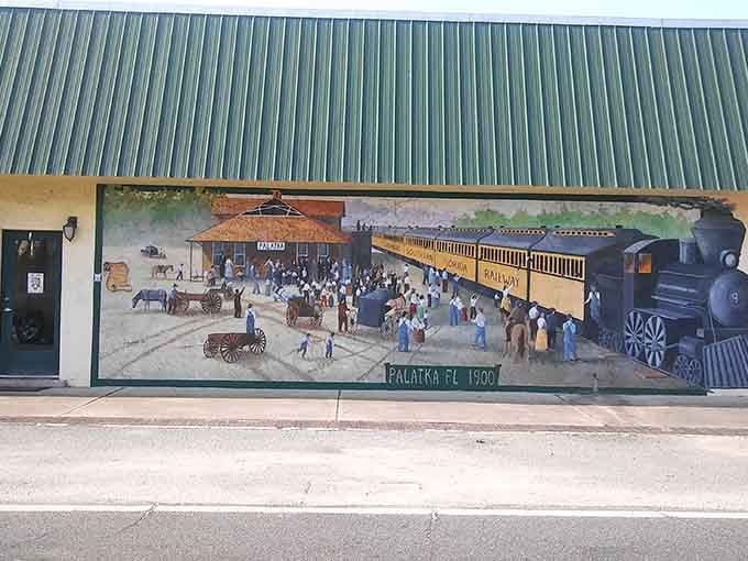 This mural captures Palatka's railroad glory days when trains were the height of technology, not nostalgia.