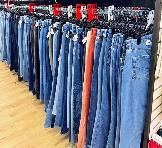 Denim paradise awaits with rows of jeans meticulously arranged&mdash;that lone pair of red pants is the fashion equivalent of Where's Waldo.