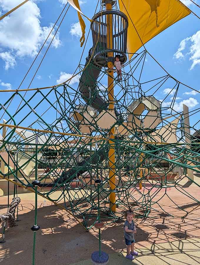 Golden spheres house climbing adventures that look like they were designed by someone who really understood childhood imagination.