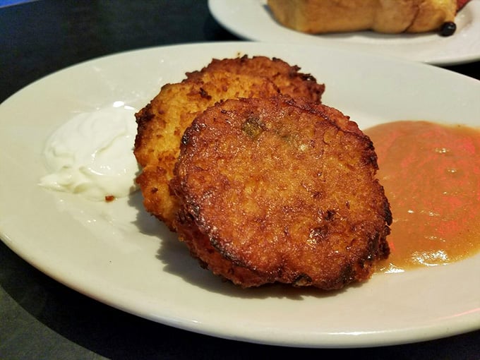 Golden-brown potato pancakes that could make your grandmother weep with jealousy. Crispy edges give way to tender centers, while applesauce and sour cream stand by as willing accomplices.