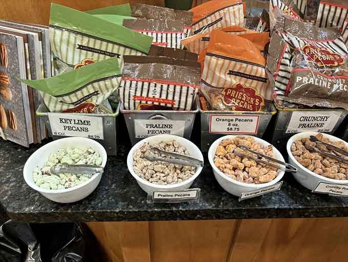 Sample stations loaded with flavored pecans that could end friendships over the last key lime piece.