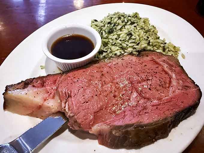 Prime rib so perfectly pink it should have its own fan club. That au jus isn't just a sauce&mdash;it's liquid gold for meat enthusiasts.