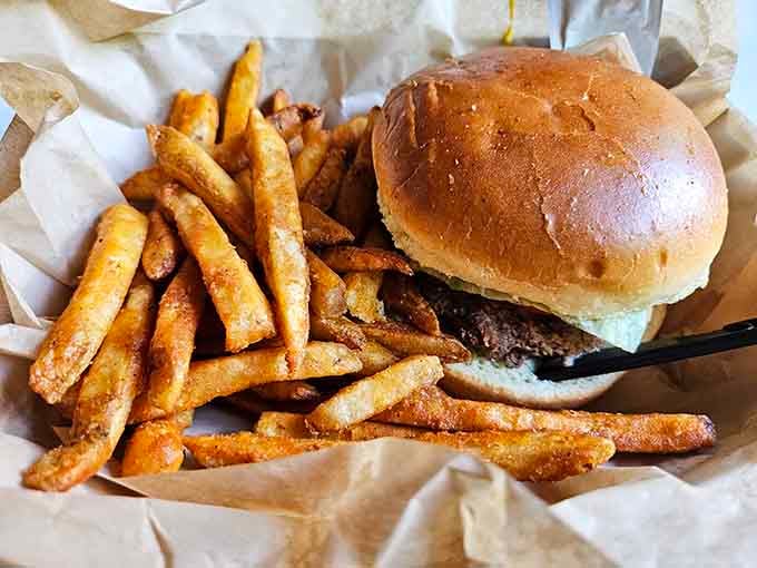 A burger and fries never looked so good, especially when you're eating them underneath tons of ancient stone.
