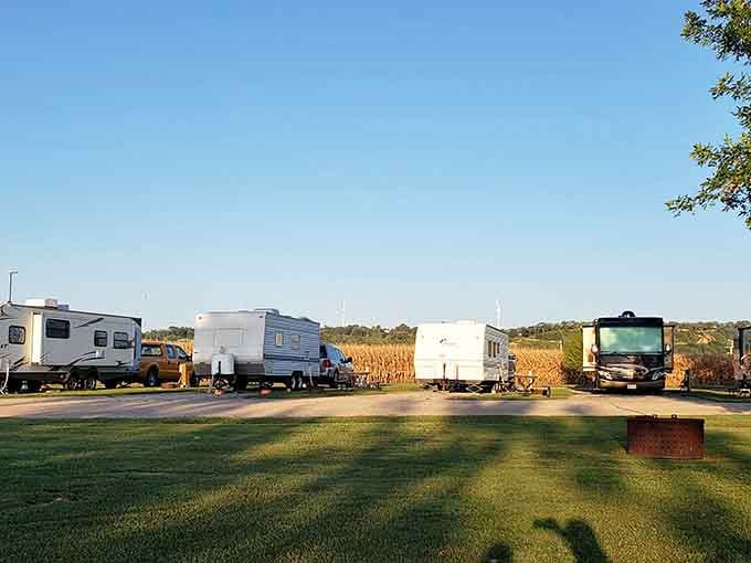 RV life meets Missouri farmland at this campground, where the corn grows tall and the living is easy.