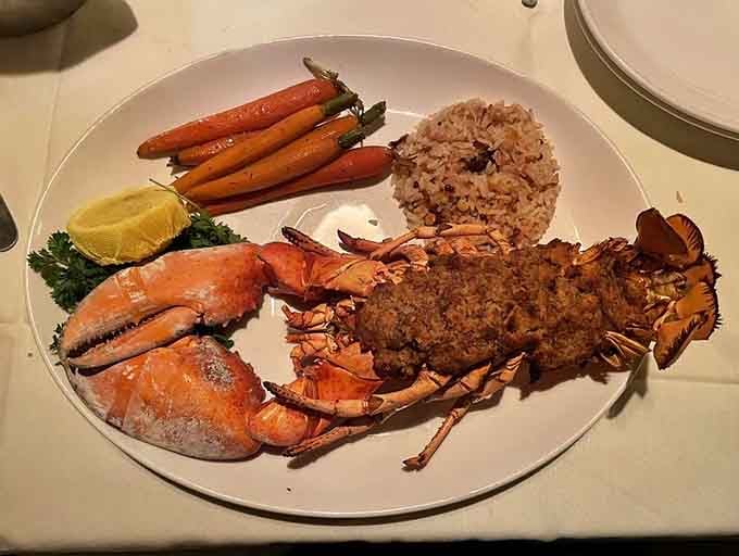 Behold the stuffed lobster in all its glory, proving that surf-and-surf is absolutely a legitimate dining category.