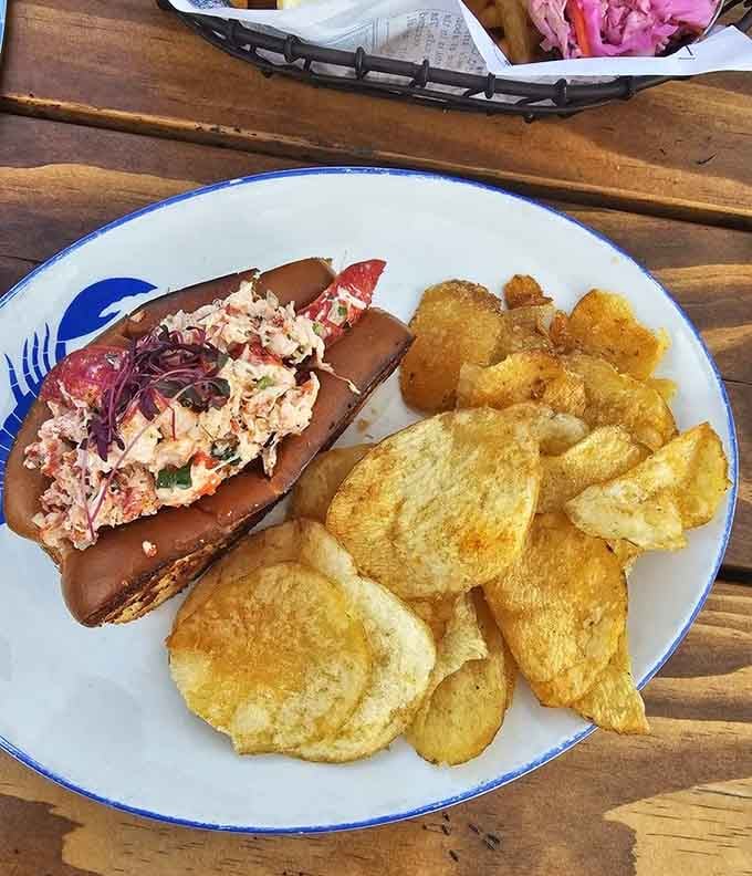 Behold the star of the show: chunks of sweet lobster meat nestled in a buttery roll, served with crispy chips.