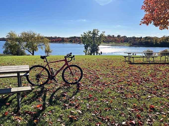 A bicycle waits patiently by the lake, probably wondering why anyone would stop pedaling with views like this.