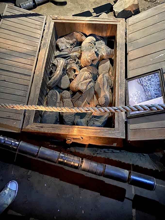 Those weathered boots represent real people who walked into a bar and woke up on a ship bound for Shanghai.