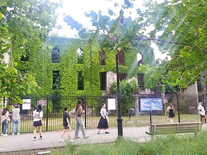 Even covered in nature's embrace, the hospital draws curious souls seeking beauty in unexpected places.