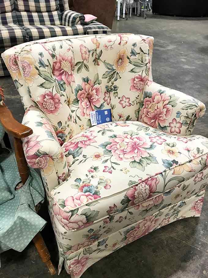 This floral chair is giving serious Golden Girls vibes, and honestly, that's the highest compliment possible.