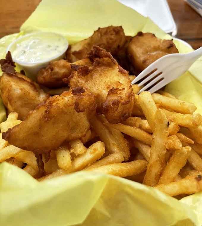 Golden battered fish and crispy fries nestled in paper, looking like they just won the lottery of fried perfection.