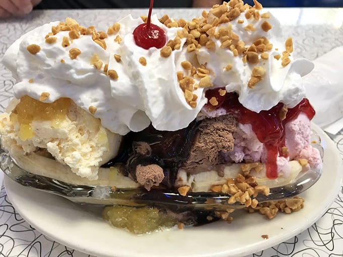 Behold the crown jewel of Mel's dessert kingdom&mdash;a banana split that's less a dessert and more an architectural achievement of ice cream, whipped cream, and childhood dreams.