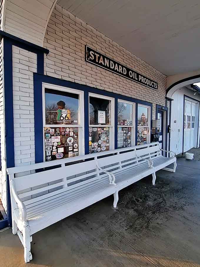 White benches flanking the entrance invite you to sit and contemplate a time when gas stations had actual personality.