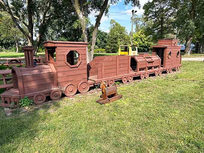 Even the playground equipment here is train-themed because why settle for boring swings when you can have locomotives?