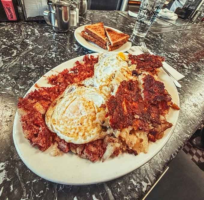 Corned beef hash and eggs that could fuel a construction crew or cure what ails you, possibly both.
