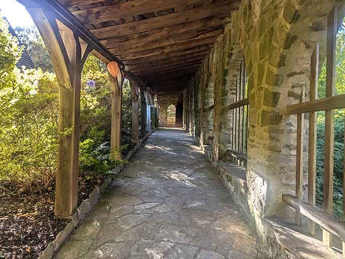 Covered walkways with exposed beams prove that medieval architects understood Maryland weather perfectly well.