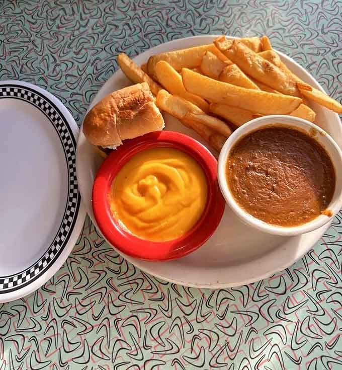 Golden fries and sliders served on that retro tabletop make every meal feel like a special occasion.