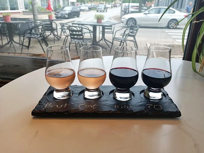 Wine flights let you sample multiple varieties without committing, which is basically the dating app approach to drinking responsibly.
