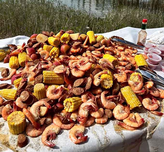 A Lowcountry boil spread that looks like the ocean decided to throw a party on your table.