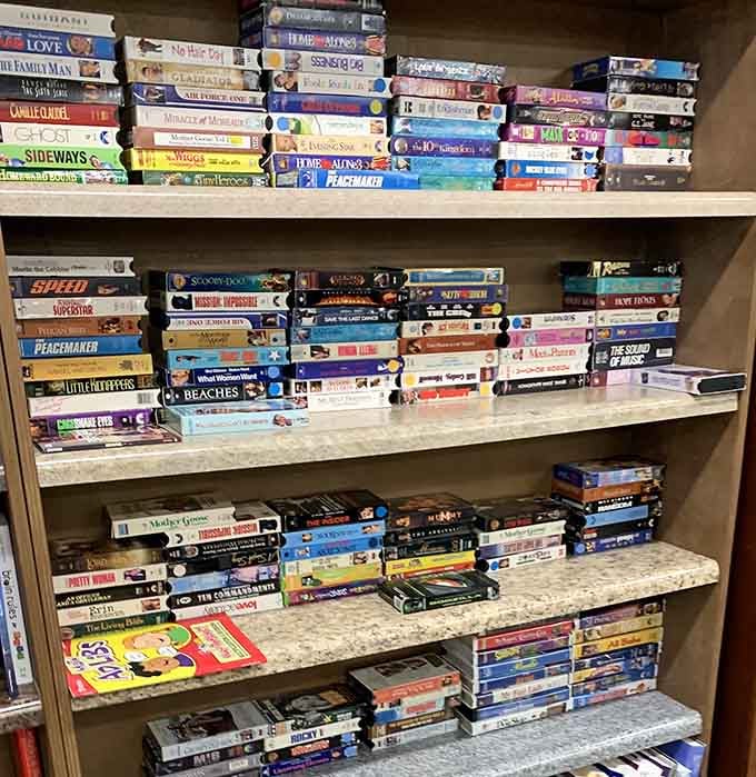 VHS heaven for nostalgic movie buffs! From "Ghost" to "Speed," these shelves are a time capsule of movie nights past, complete with rewind memories.